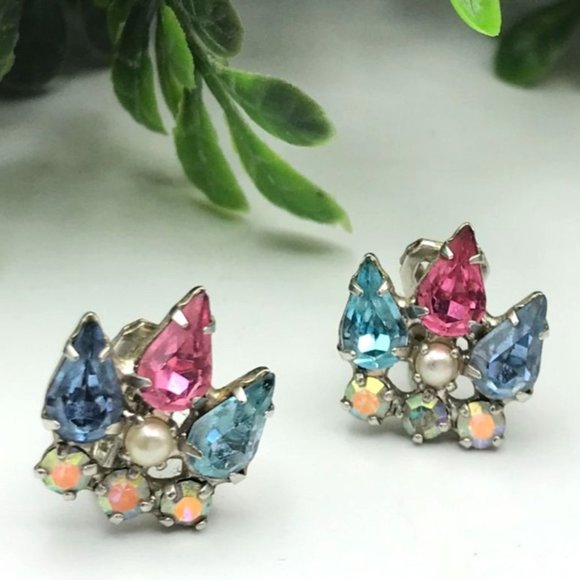 B. David | Jewelry | Vintage Clip On Earrings Multi Color Rhinestone By ...